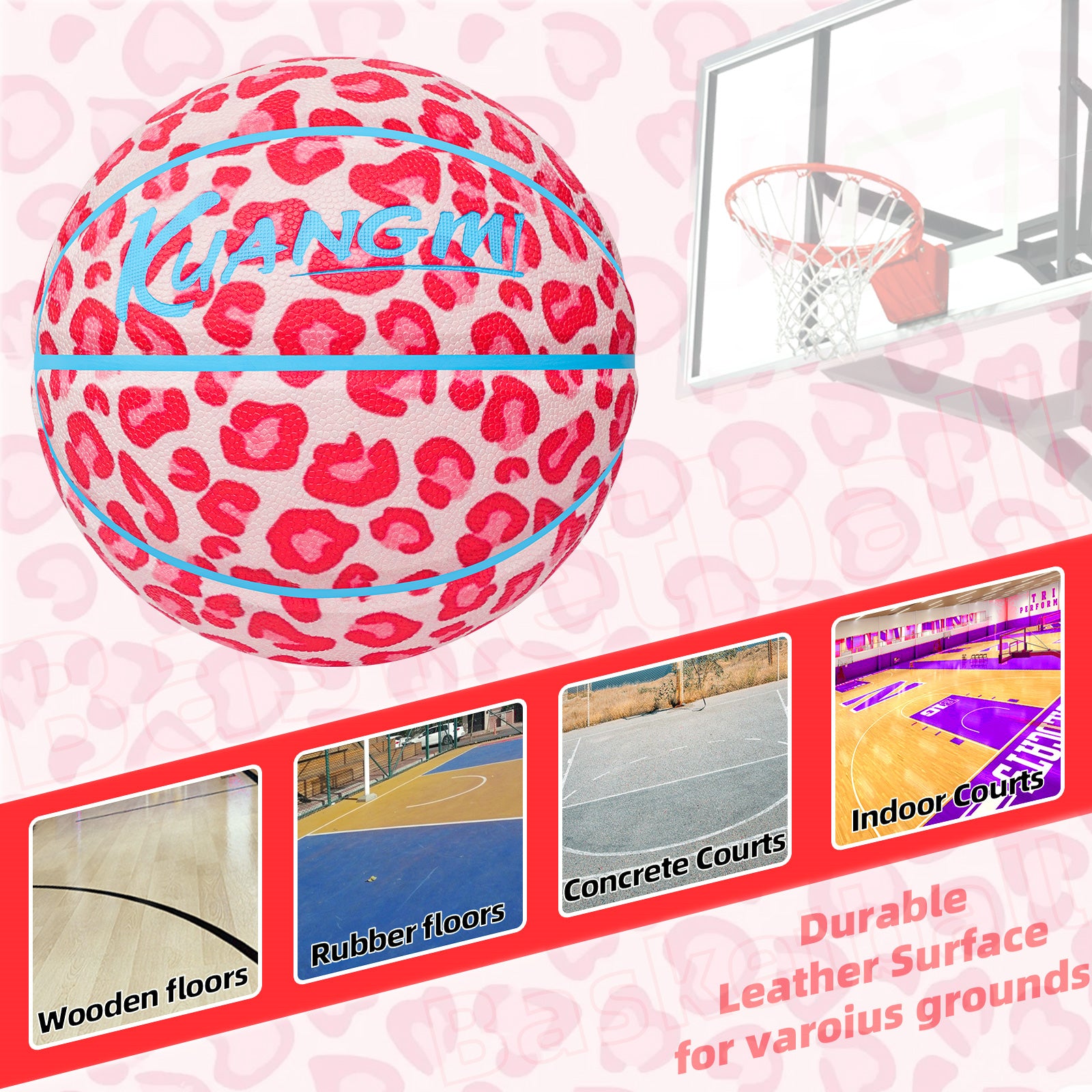 Kuangmi Pink Leopard Print Basketball - Hygroscopic PU Gift Ball (Size ...