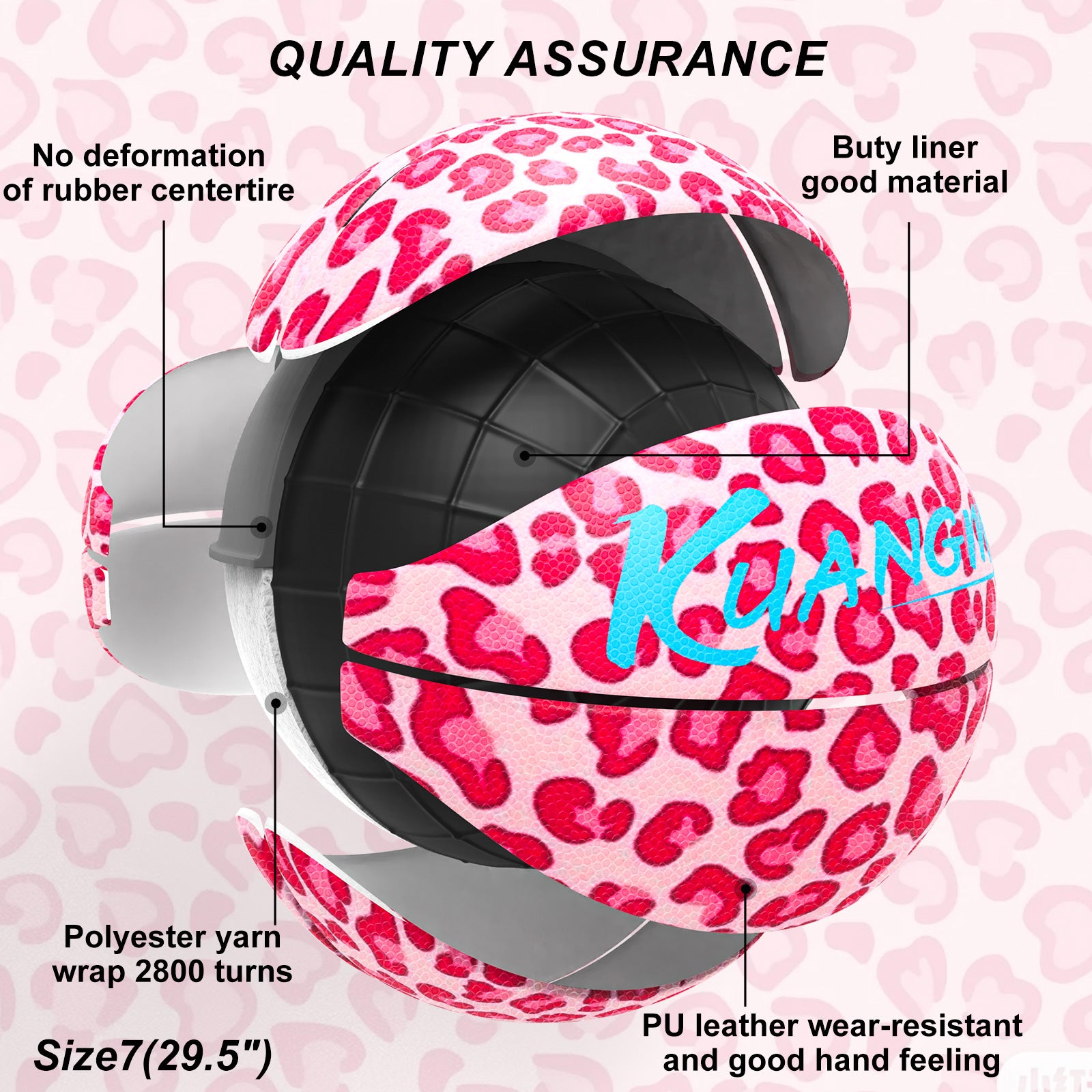 Kuangmi Pink Leopard Print Basketball - Hygroscopic PU Gift Ball (Size ...